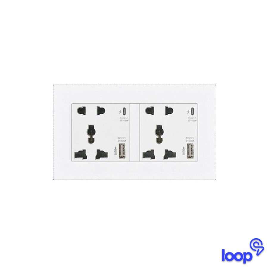 Double Socket White Glass With USB Type C Non Smart